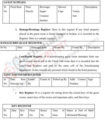 DIFFERENT RECORDS & REGISTERS MAINTAINED IN THE HOUSEKEEPING DEPARTMENT ...