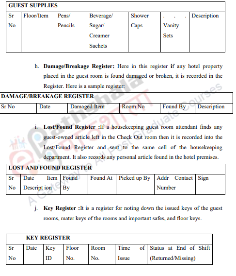 DIFFERENT RECORDS & REGISTERS MAINTAINED IN THE HOUSEKEEPING DEPARTMENT ...