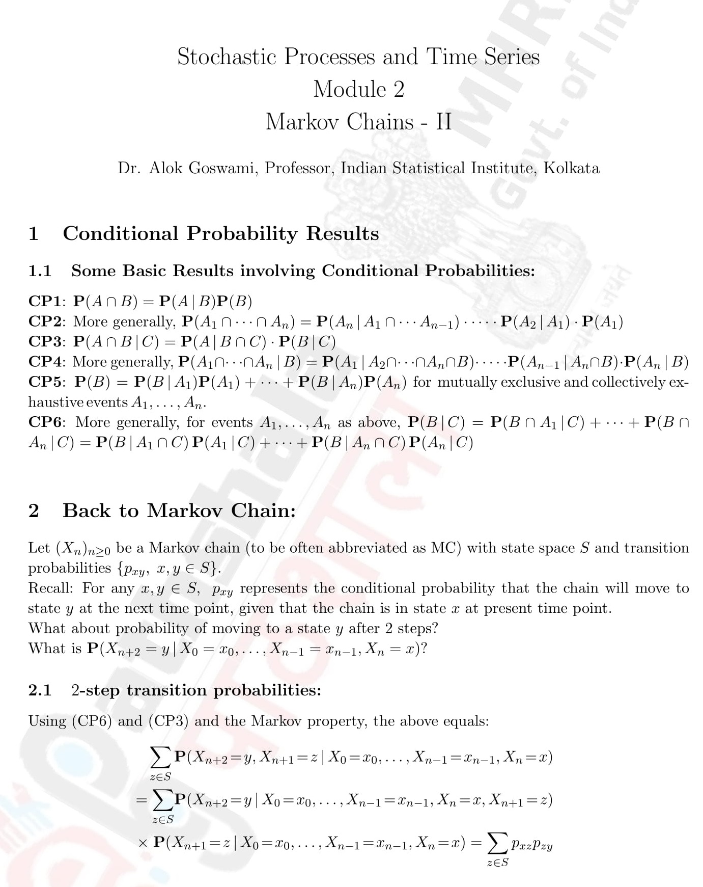 Markov Chains – II – Stochastic processes and time series analysis