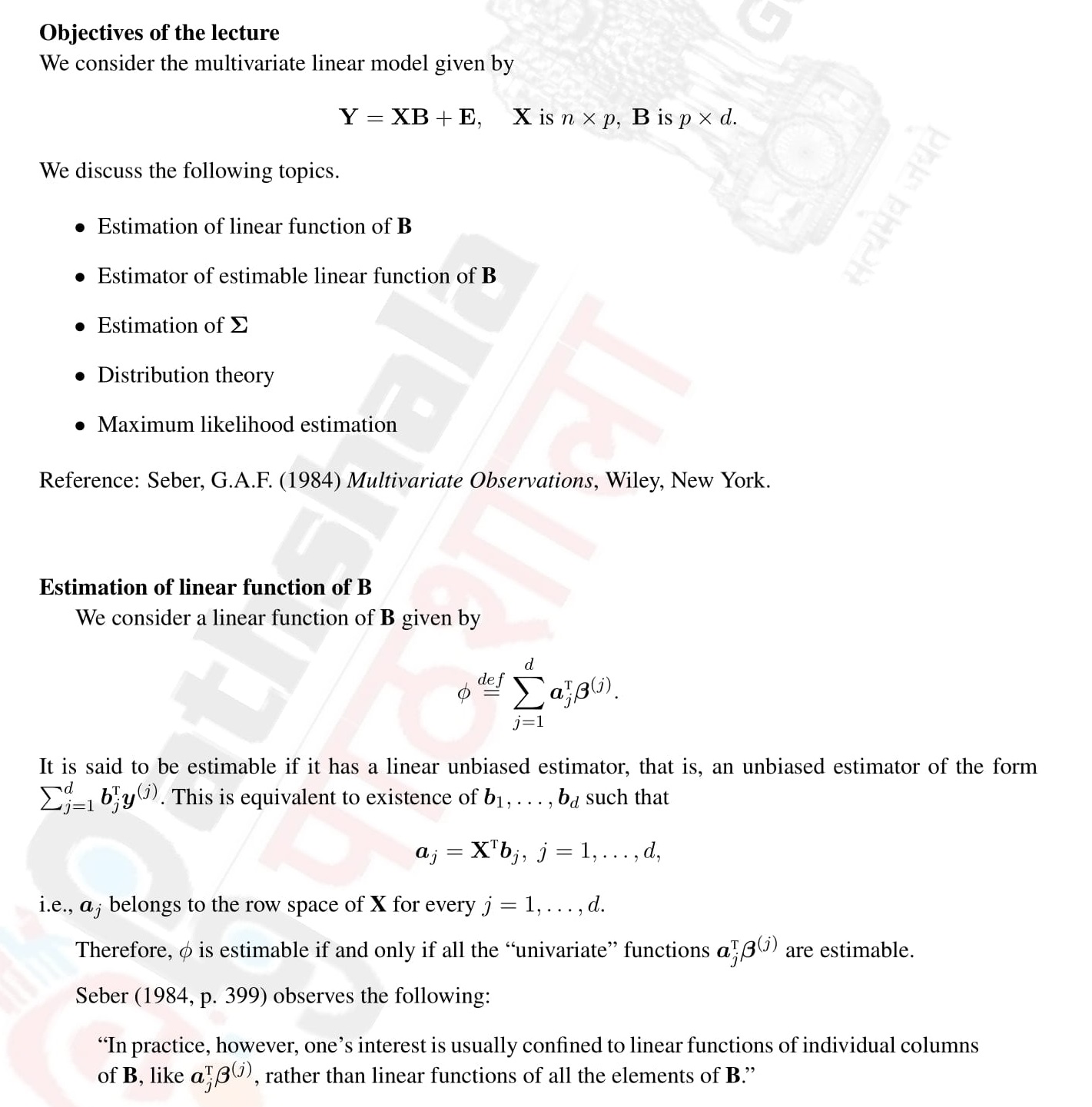 Multivariate Linear Models: II – Multivariate analysis Multivariate Linear Models: II – Multivariate analysis
